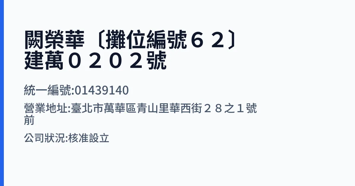 闕榮華〔攤位編號62〕建萬0202號 - 統編 01439140(臺北市) 公司登記資料與營業項目詳細圖表