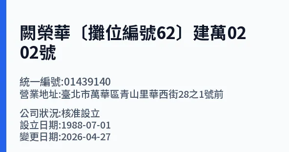 闕榮華〔攤位編號62〕建萬0202號的照片-統編 01439140(臺北市) 公司登記資料與營業項目詳細圖表