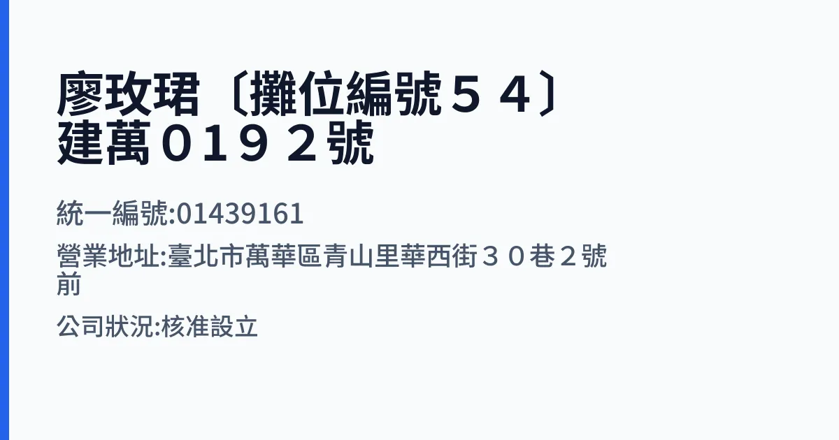 廖玫珺〔攤位編號５４〕建萬０1９２號 - 統編 01439161(臺北市) 公司登記資料與營業項目詳細圖表