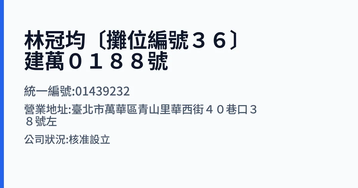 林冠均〔攤位編號３６〕建萬０１８８號 - 統編 01439232(臺北市) 公司登記資料與營業項目詳細圖表