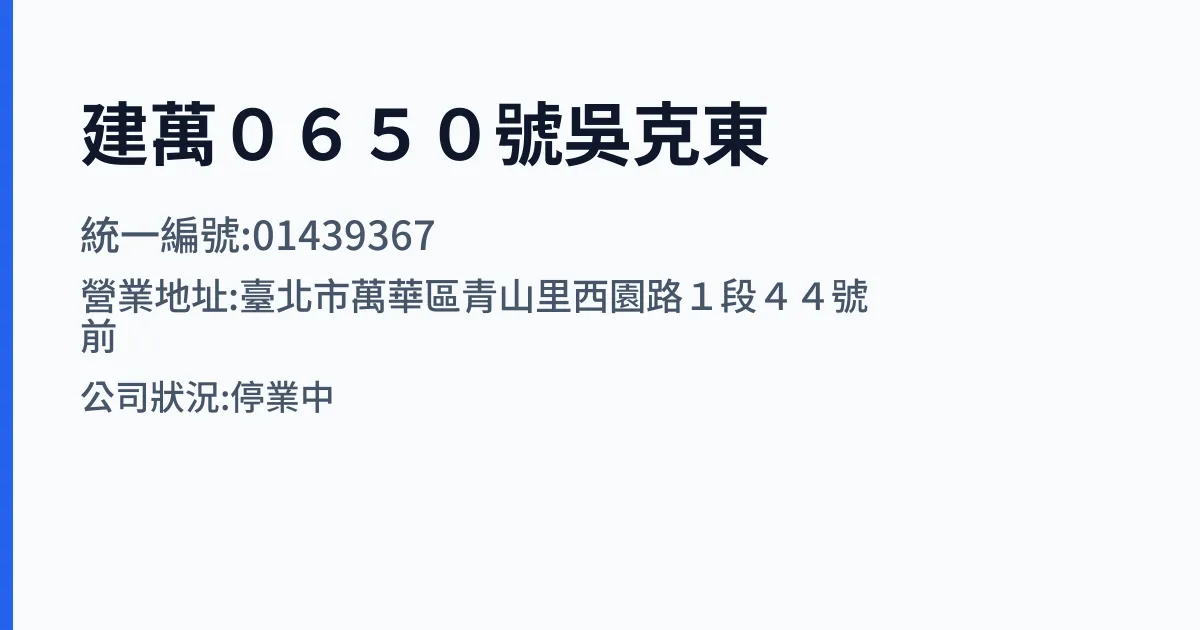 建萬０６５０號吳克東 - 統編 01439367(臺北市) 公司登記資料與營業項目詳細圖表