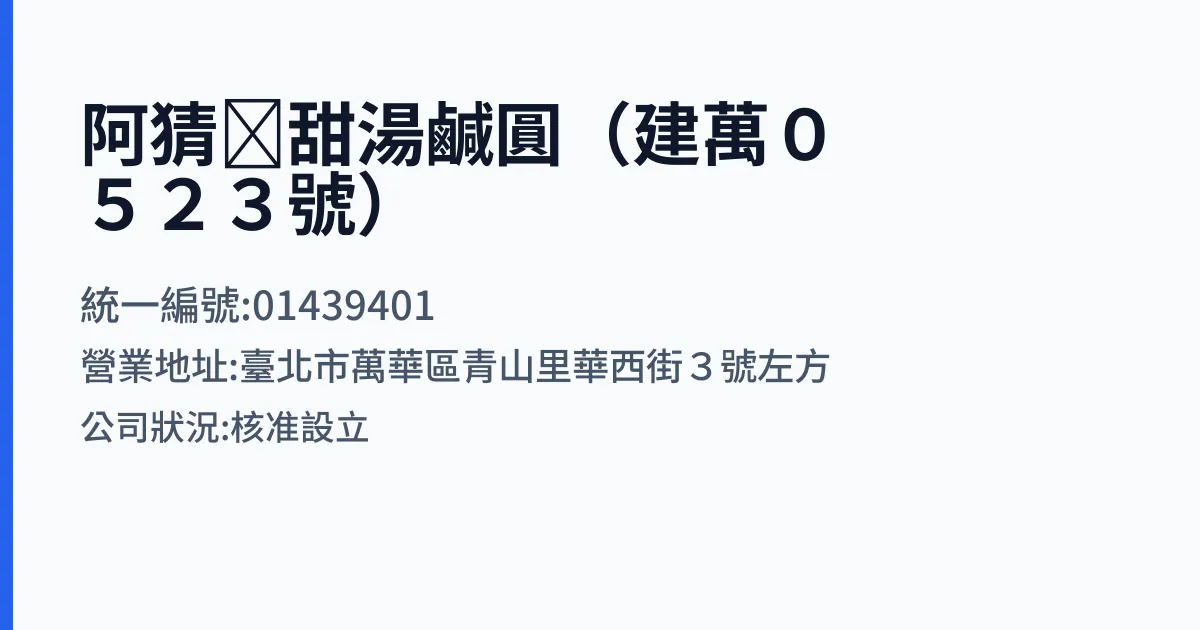 阿猜嬷甜湯鹹圓(建萬0523號) - 統編 01439401(臺北市) 公司登記資料與營業項目詳細圖表