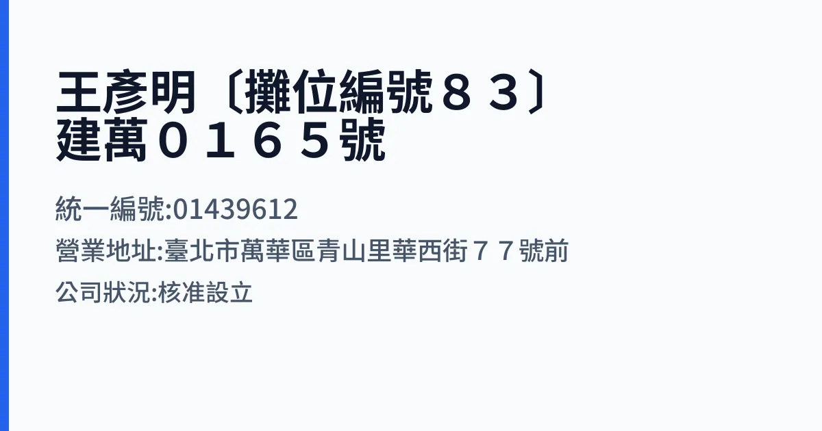 王彥明〔攤位編號８３〕建萬０１６５號 - 統編 01439612(臺北市) 公司登記資料與營業項目詳細圖表