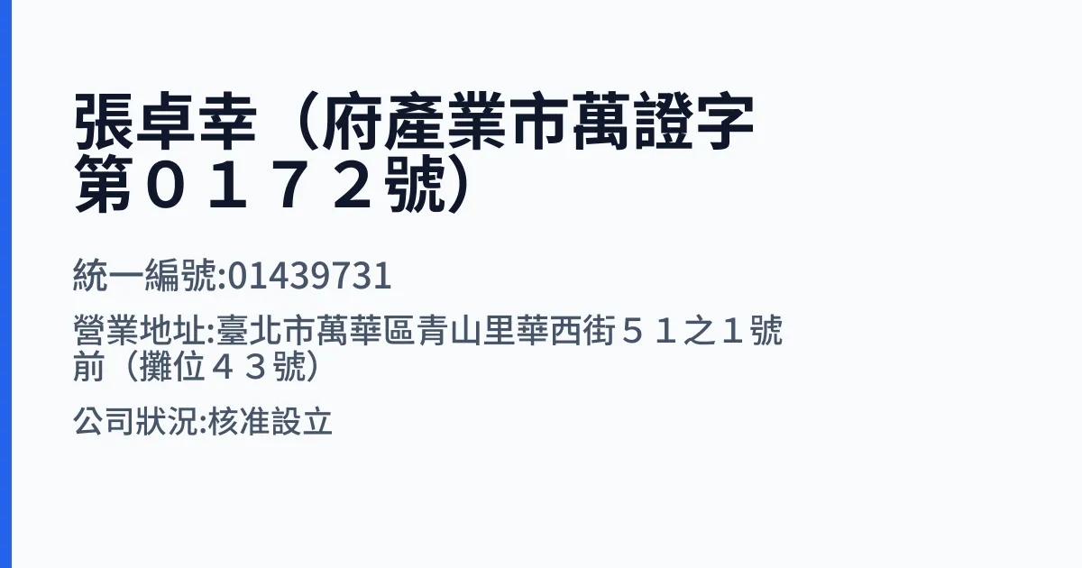 張卓幸（府產業市萬證字第０１７２號） - 統編 01439731(臺北市) 公司登記資料與營業項目詳細圖表