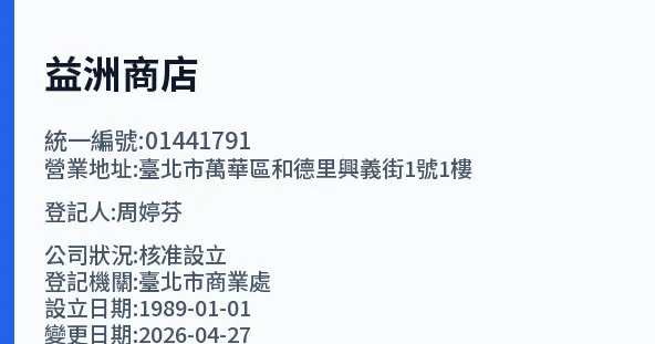 益洲商店的照片-統編 01441791(臺北市) 公司登記資料與營業項目詳細圖表