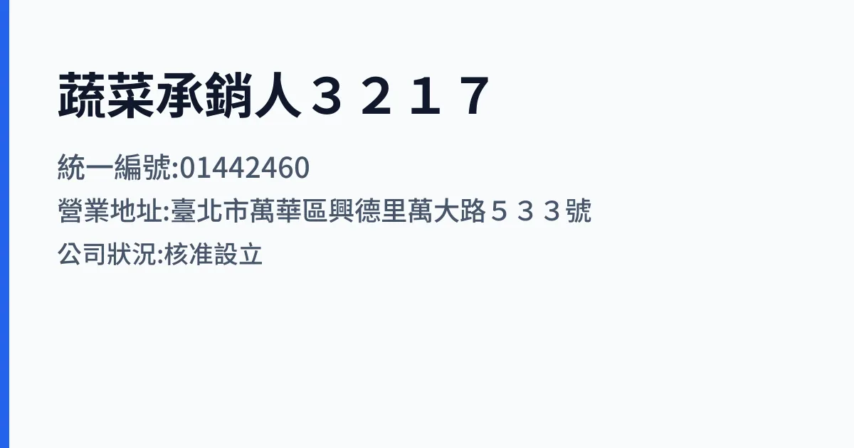 蔬菜承銷人３２１７ - 統編 01442460（臺北市） 公司登記資料與營業項目詳細圖表
