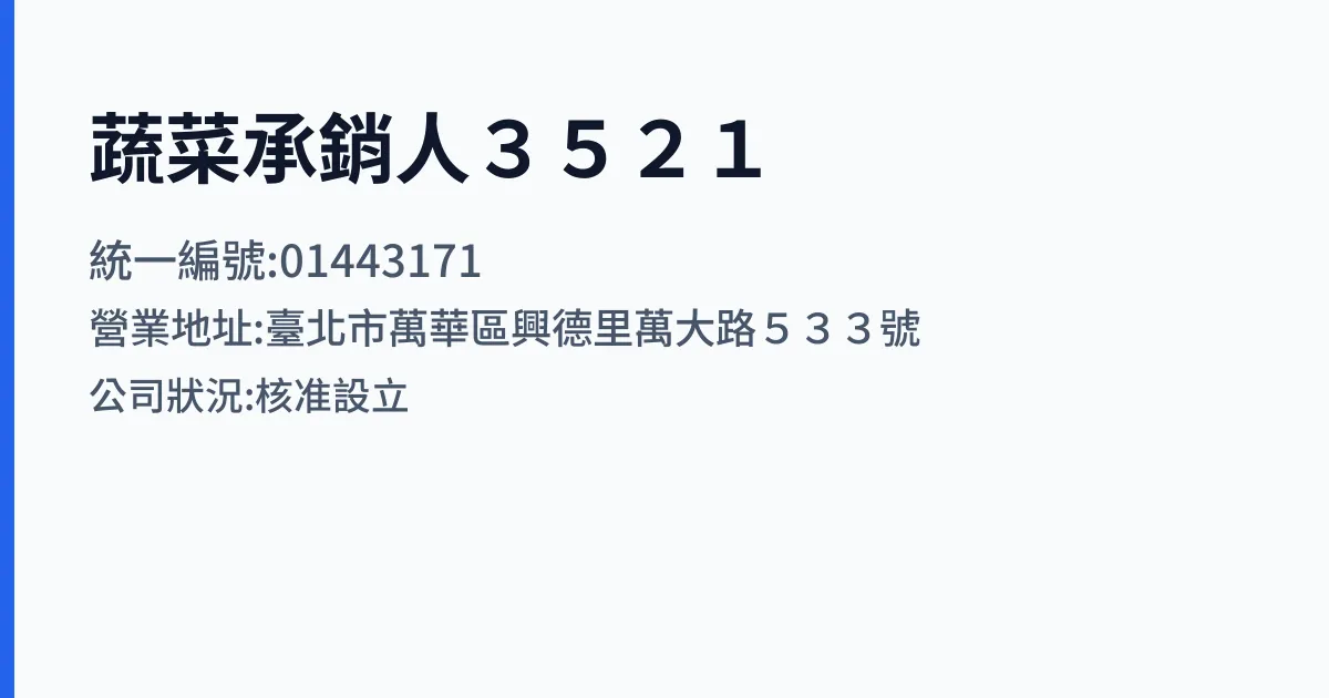 蔬菜承銷人3521 - 統編 01443171(臺北市) 公司登記資料與營業項目詳細圖表