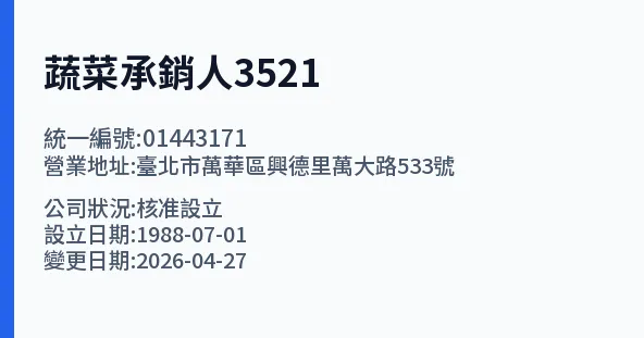 蔬菜承銷人3521的照片-統編 01443171(臺北市) 公司登記資料與營業項目詳細圖表