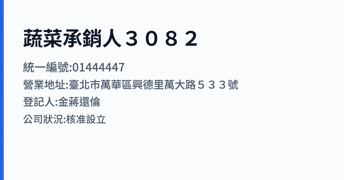 蔬菜承銷人３０８２ - 統編 01444447（臺北市） 公司登記資料與營業項目詳細圖表