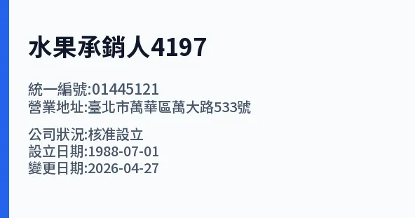 水果承銷人4197的照片-統編 01445121(臺北市) 公司登記資料與營業項目詳細圖表