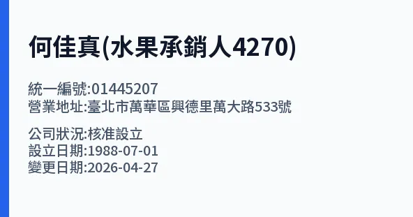 何佳真(水果承銷人4270)的照片-統編 01445207(臺北市) 公司登記資料與營業項目詳細圖表