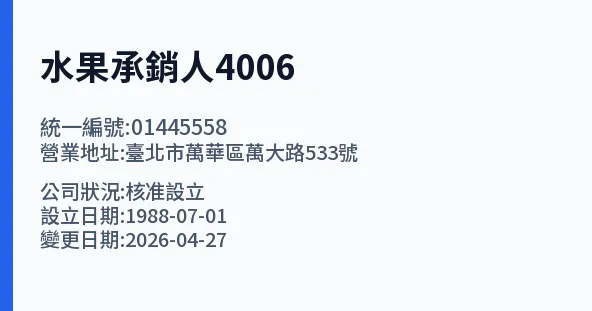 水果承銷人4006的照片-統編 01445558(臺北市) 公司登記資料與營業項目詳細圖表