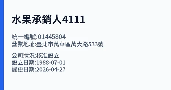 水果承銷人4111的照片-統編 01445804(臺北市) 公司登記資料與營業項目詳細圖表