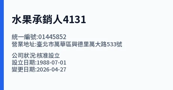 水果承銷人4131的照片-統編 01445852(臺北市) 公司登記資料與營業項目詳細圖表