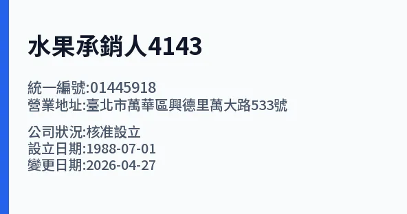 水果承銷人4143的照片-統編 01445918(臺北市) 公司登記資料與營業項目詳細圖表