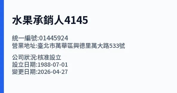 水果承銷人4145的照片-統編 01445924(臺北市) 公司登記資料與營業項目詳細圖表