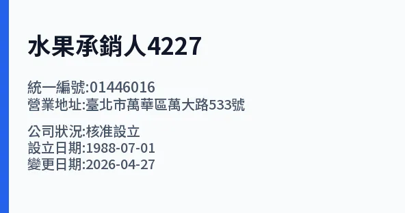 水果承銷人4227的照片-統編 01446016(臺北市) 公司登記資料與營業項目詳細圖表