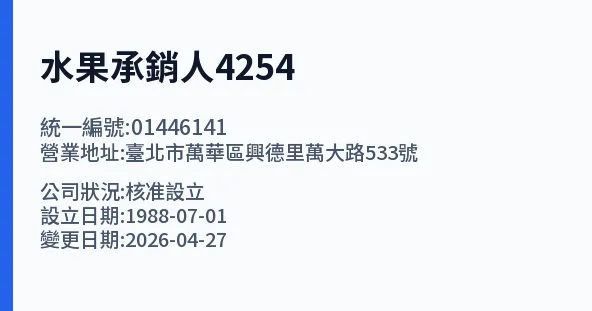 水果承銷人4254的照片-統編 01446141(臺北市) 公司登記資料與營業項目詳細圖表