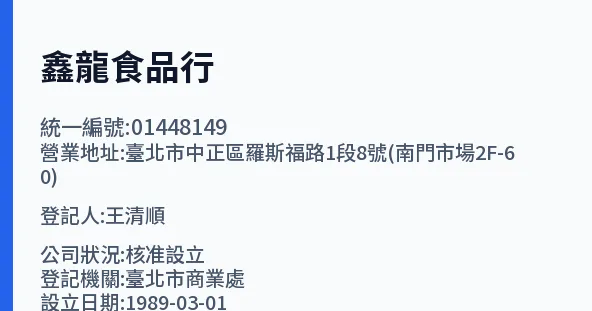 鑫龍食品行的照片-統編 01448149(臺北市) 公司登記資料與營業項目詳細圖表