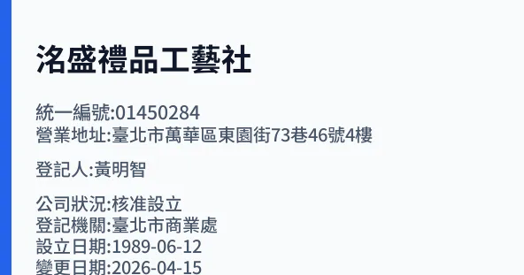 洺盛禮品工藝社的照片-統編 01450284(臺北市) 公司登記資料與營業項目詳細圖表