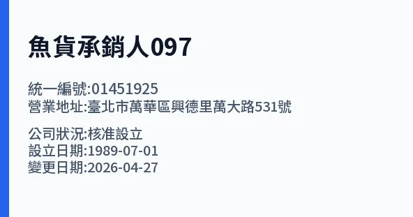 魚貨承銷人097的照片-統編 01451925(臺北市) 公司登記資料與營業項目詳細圖表