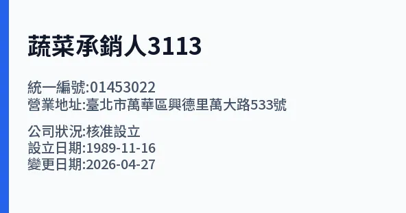 蔬菜承銷人3113的照片-統編 01453022(臺北市) 公司登記資料與營業項目詳細圖表