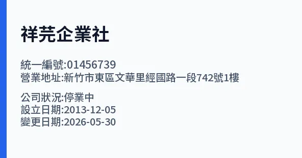 祥芫企業社的照片-統編 01456739(新竹市) 公司登記資料與營業項目詳細圖表