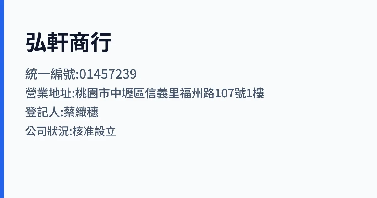 弘軒商行 - 統編 01457239(桃園市) 公司登記資料與營業項目詳細圖表