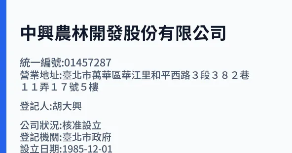 中興農林開發股份有限公司的照片-統編 01457287(臺北市) 公司登記資料與營業項目詳細圖表