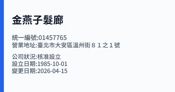 金燕子髮廊的照片-統編 01457765(臺北市) 公司登記資料與營業項目詳細圖表