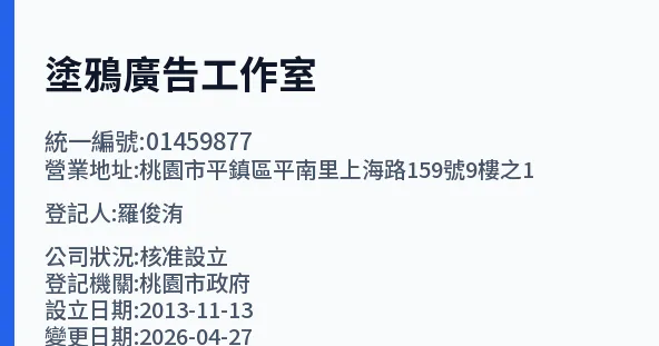 塗鴉廣告工作室的照片-統編 01459877(桃園市) 公司登記資料與營業項目詳細圖表