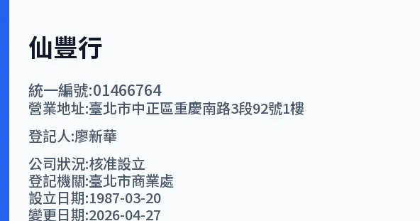 仙豐行的照片-統編 01466764(臺北市) 公司登記資料與營業項目詳細圖表