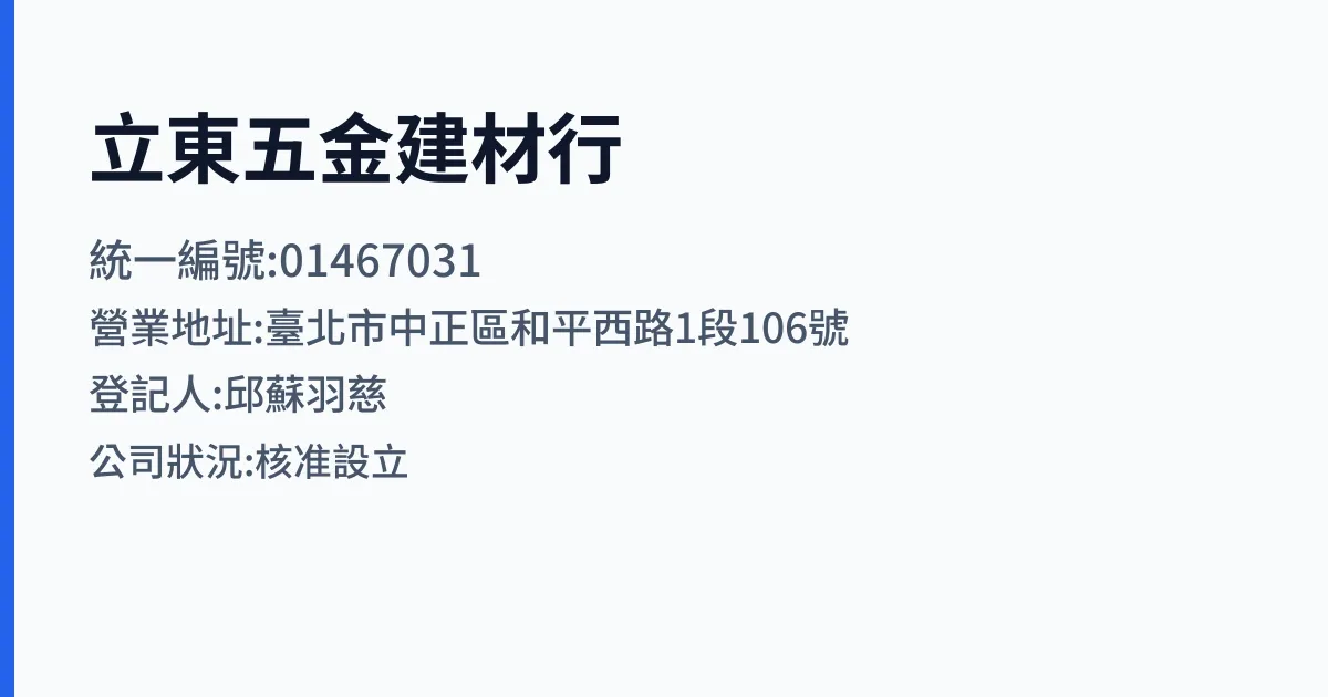立東五金建材行 - 統編 01467031(臺北市) 公司登記資料與營業項目詳細圖表