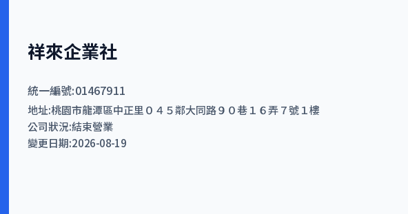 祥來企業社的照片-統編 01467911(桃園市) 公司登記資料與營業項目詳細圖表