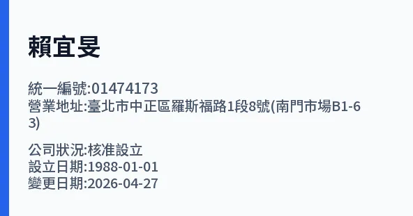 賴宜旻的照片-統編 01474173(臺北市) 公司登記資料與營業項目詳細圖表