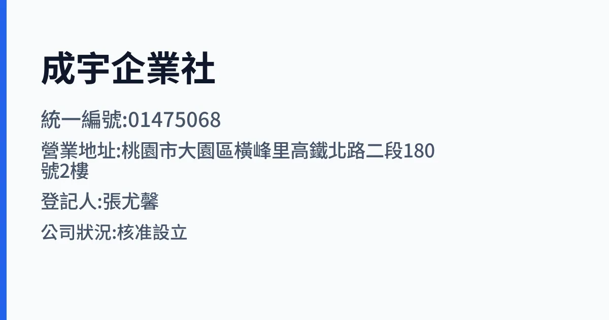 成宇企業社 - 統編 01475068(桃園市) 公司登記資料與營業項目詳細圖表