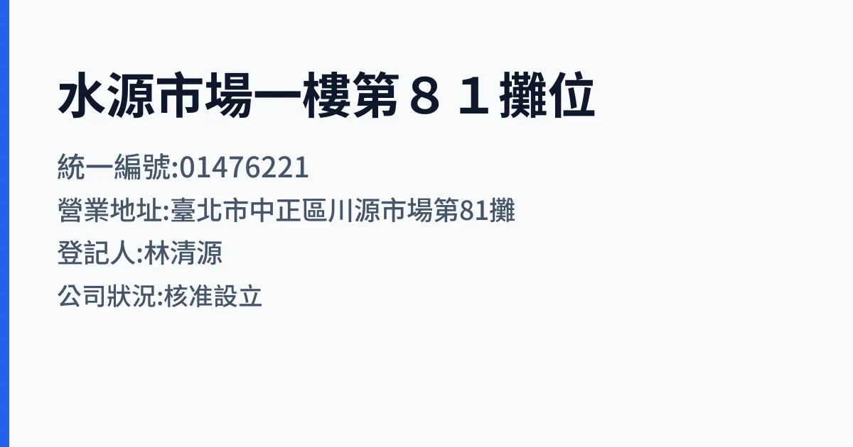 水源市場一樓第81攤位 - 統編 01476221(臺北市) 公司登記資料與營業項目詳細圖表