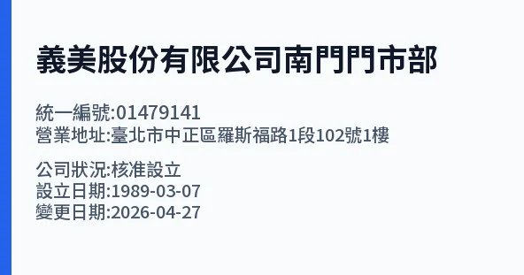 義美股份有限公司南門門市部的照片-統編 01479141(臺北市) 公司登記資料與營業項目詳細圖表