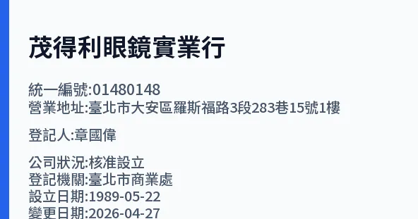 茂得利眼鏡實業行的照片-統編 01480148(臺北市) 公司登記資料與營業項目詳細圖表