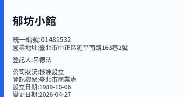 郁坊小館的照片-統編 01481532(臺北市) 公司登記資料與營業項目詳細圖表