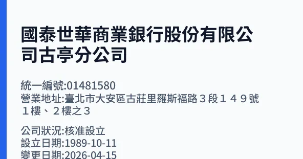 國泰世華商業銀行股份有限公司古亭分公司的照片-統編 01481580(臺北市) 公司登記資料與營業項目詳細圖表