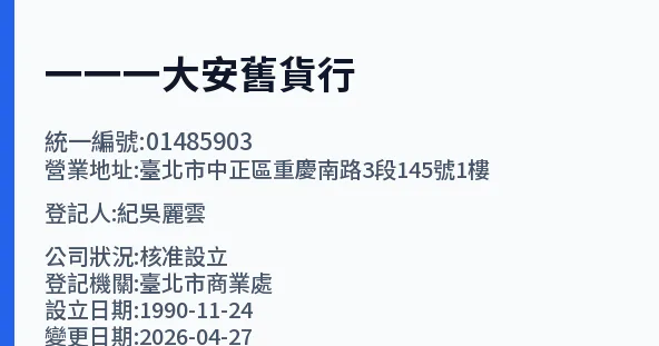 一一一大安舊貨行的照片-統編 01485903(臺北市) 公司登記資料與營業項目詳細圖表