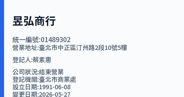 昱弘商行的照片-統編 01489302(臺北市) 公司登記資料與營業項目詳細圖表