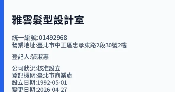 雅雲髮型設計室的照片-統編 01492968(臺北市) 公司登記資料與營業項目詳細圖表