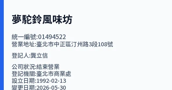 夢駝鈴風味坊的照片-統編 01494522(臺北市) 公司登記資料與營業項目詳細圖表