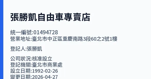 張勝凱自由車專賣店的照片-統編 01494728(臺北市) 公司登記資料與營業項目詳細圖表