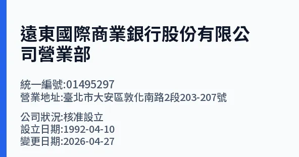 遠東國際商業銀行股份有限公司營業部的照片-統編 01495297(臺北市) 公司登記資料與營業項目詳細圖表