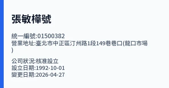 張敏樺號的照片-統編 01500382(臺北市) 公司登記資料與營業項目詳細圖表