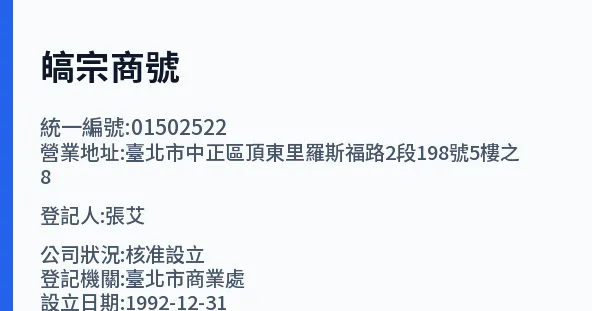 皜宗商號的照片-統編 01502522(臺北市) 公司登記資料與營業項目詳細圖表