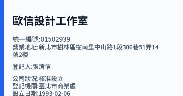 歐信設計工作室的照片-統編 01502939(新北市) 公司登記資料與營業項目詳細圖表
